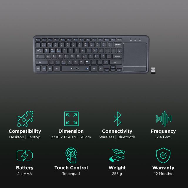 Buy Croma 2.4 GHz Wireless Keyboard with Touchpad (Gesture Control Supported, Black) Online - Croma